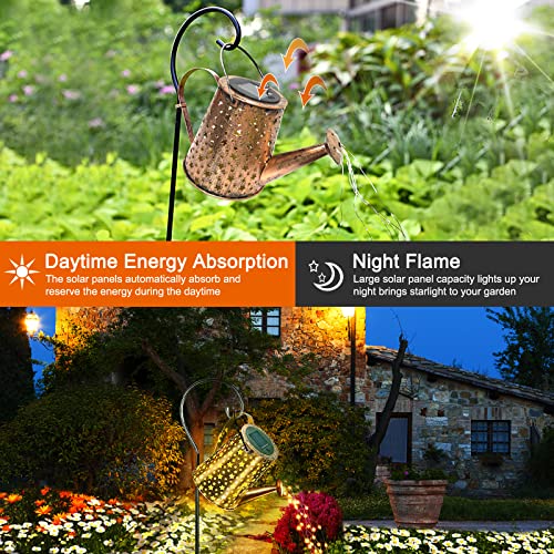Solar Watering Can with Lights, Outdoor Decorative Garden Light Solar Fairy Lights, Waterproof Metal Retro Star Shower Art Hanging Waterfall Lights for Patio Lawn Yard (with Shepherd Hook)