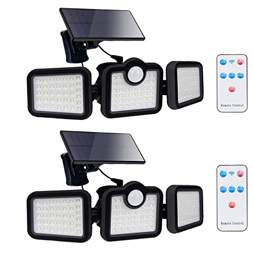 2 Pack Detachable Solar Security Lights, 3 Head Motion Sensor Lights With Remote Control 108 LED Rotatable Flood Lights IP65 Waterproof Outdoor Spotlights for Porch Garden Patio Yard Garage Pathway