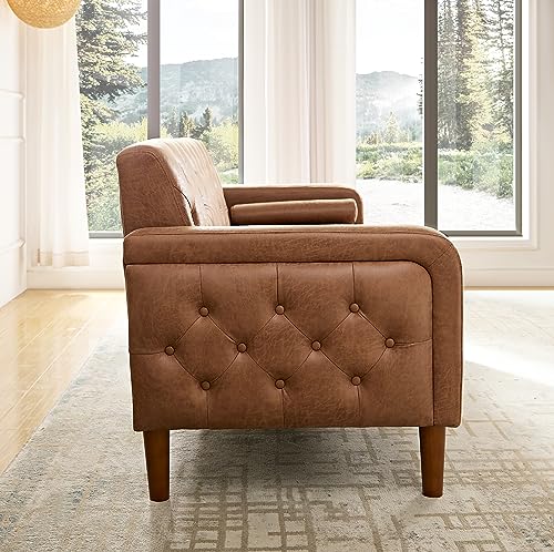 Lunanniu 78 Inch Vegan Leather Sofa Faux Leather Couches Loveseat Button Tufted Back Mid Century Modern 2 Bolster Pillows Solid Wood Frame and Legs 2 Seat Love Seat for Living Room Brown
