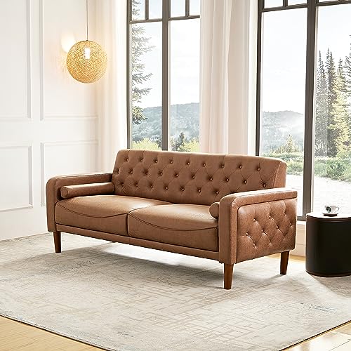 Lunanniu 78 Inch Vegan Leather Sofa Faux Leather Couches Loveseat Button Tufted Back Mid Century Modern 2 Bolster Pillows Solid Wood Frame and Legs 2 Seat Love Seat for Living Room Brown