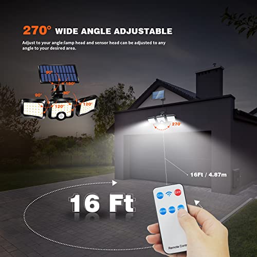 2 Pack Detachable Solar Security Lights, 3 Head Motion Sensor Lights With Remote Control 108 LED Rotatable Flood Lights IP65 Waterproof Outdoor Spotlights for Porch Garden Patio Yard Garage Pathway