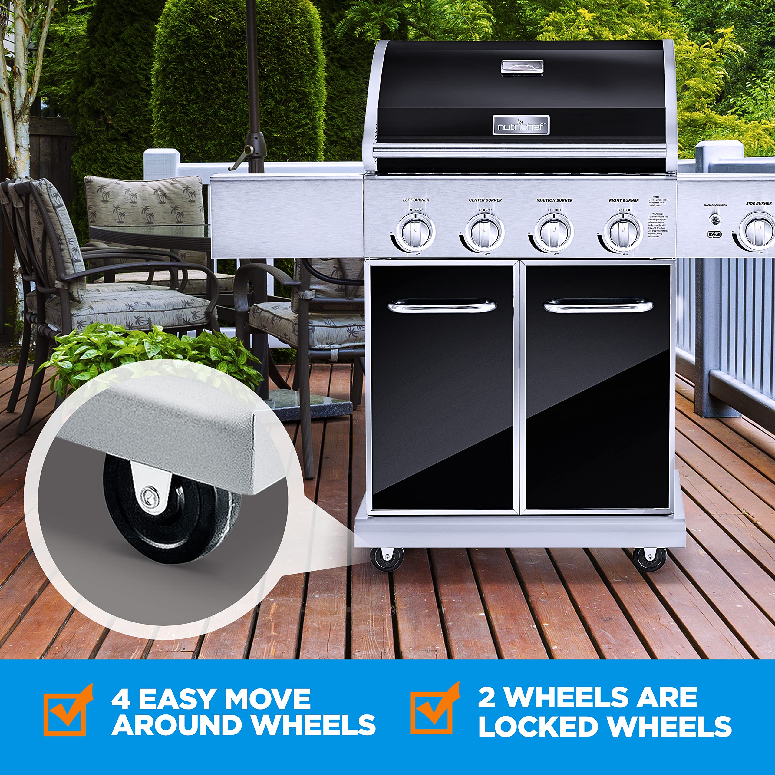 NutriChef 52,000 BTU 5-Burner Stainless Steel Propane Gas Grill with Portable Design, Electronic Ignition, Built-in Thermometer and Heavy-Duty Construction