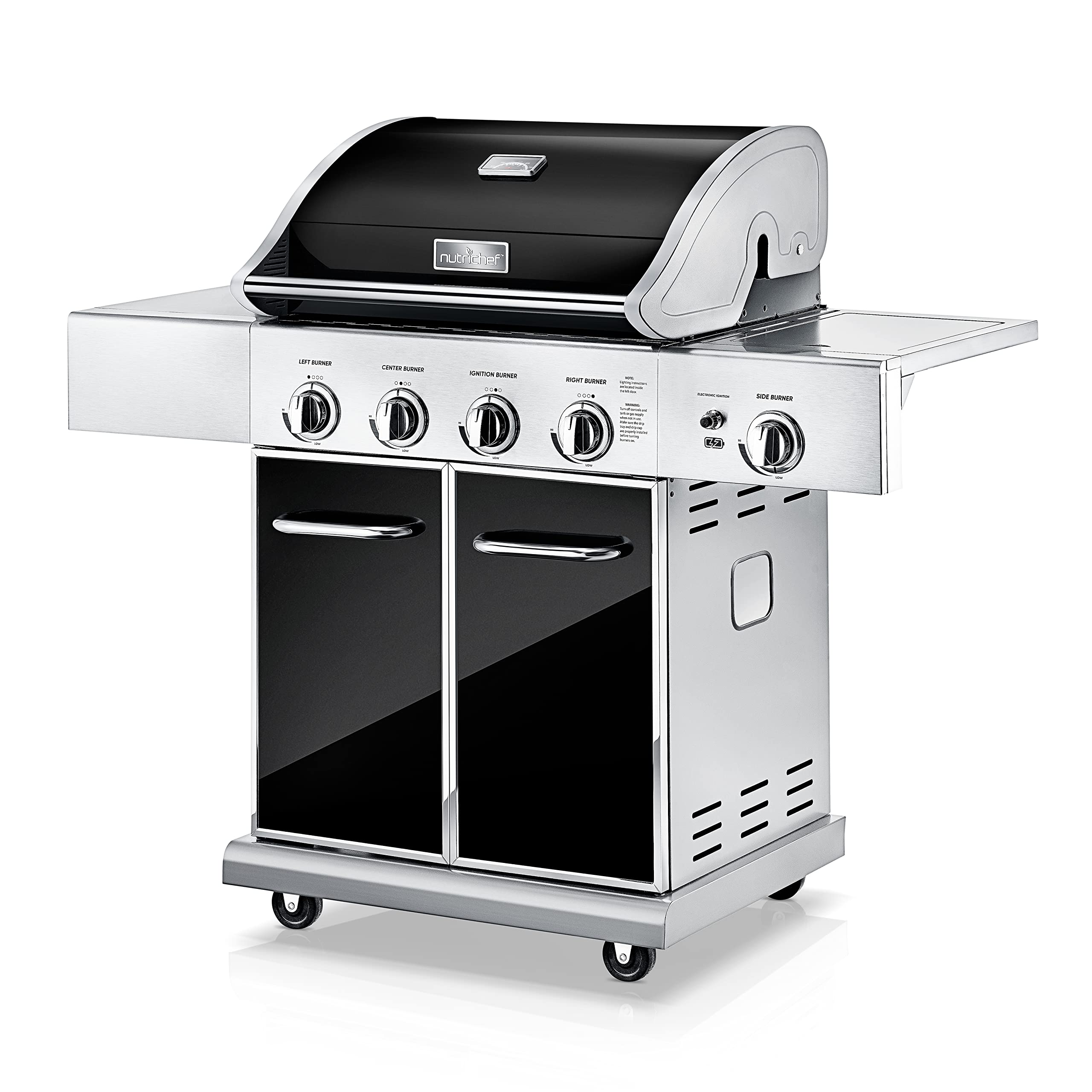NutriChef 52,000 BTU 5-Burner Stainless Steel Propane Gas Grill with Portable Design, Electronic Ignition, Built-in Thermometer and Heavy-Duty Construction