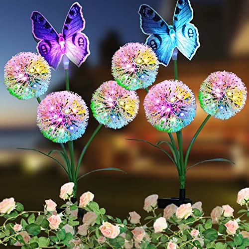 Morestar Solar Dandelion Flowers with Butterfly Outdoor Decorative,2 Pack 36 LEDs Multicolor Change Solar Garden Lights Solar Stake Lights,Waterproof Solar Outdoor Lights for Yard,Patio,Lawn Decor