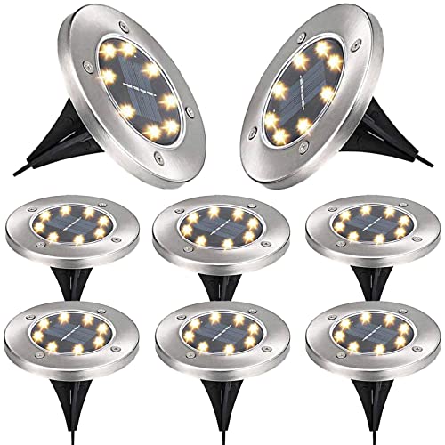 UOMNICUE Solar Ground Lights, 8LED Solar Garden Lights Outdoor Waterproof Bright in-Ground Lights, Solar Pathway Lights for Lawn Patio Yard Landscape Steps Deck Walkway (8 Pack - Warm Light)