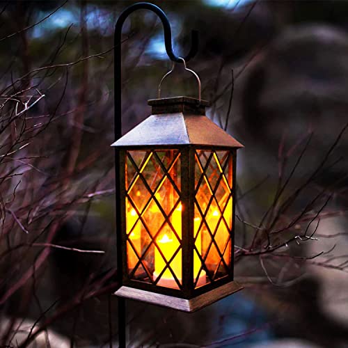 Solar Outdoor Lantern, Garden Hanging Waterproof Lanterns PVC Upgrade 3 LED Flickering Flameless Candle Decorative Lights for Garden (Grid Candle)