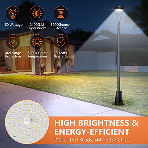 Yihuven 150W Led Post Top Light, 21000Lm(950W Equi), 5000K Daylight, IP67 Waterproof Outdoor LED Circular Area Pole Lighting Fixture for Street Garden Yard Pathway Driveway Front/Back Door
