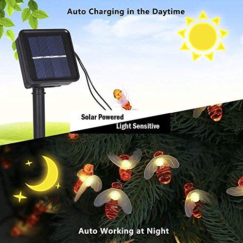 Oluote Solar Bee String Lights, 60 LEDs 30ft/9M 8 Modes, Honeybee String Lights, Outdoor Honey Bee Fairy Lights for Garden Home Patio Lawn Party Holiday (30ft/9M, Warm White)