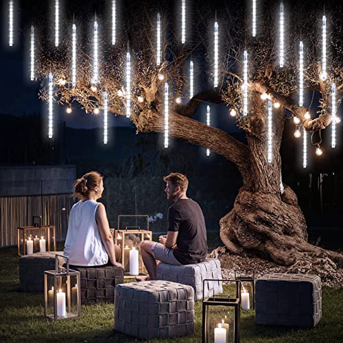 JMEXSUSS 2 Pack Solar Meteor Shower Lights, 16 Tube 288 LED White Solar String Lights Outdoor, Waterproof Solar Christmas Lights for Tree Patio Garden Wedding Party Decorations