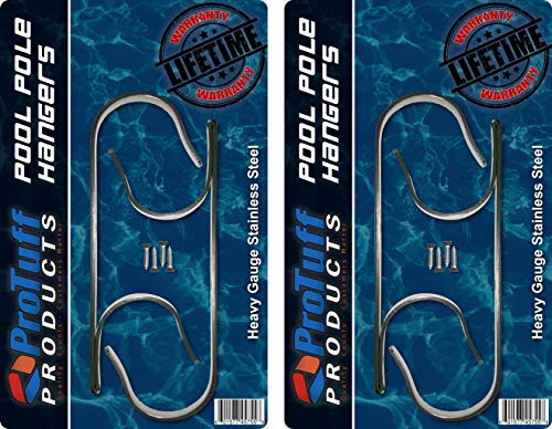 Stainless Steel Pool Pole Hangers - Unlimited Free Replacements - 4 ProTuff Heavy Duty Double Hooks, Ideal Holder Set for Swimming Pool Telescopic Pole, Leaf Rake, Brush, Vacuum Hose & Garden Tool