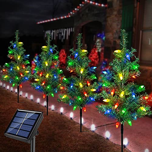 Windpnn Upgraded 4-Pack Solar Christmas Garden Stake Lights, Decorative Xmas Tree Solar Christmas Yard Stake Outdoor Waterproof Christmas Pathway Lights for Christmas Decoration Garden Patio Yard