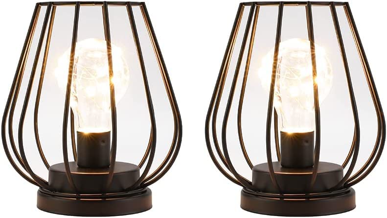 TRIROCKS 2 Set ofMetal Battery Operated Lamp 7'' Tall Mini Cage Shape Cordless Table Lamp Battery Lanterns with Warm Fairy Lights Bulb for Patio Garden Wedding Parties Indoor Outdoor(Black)