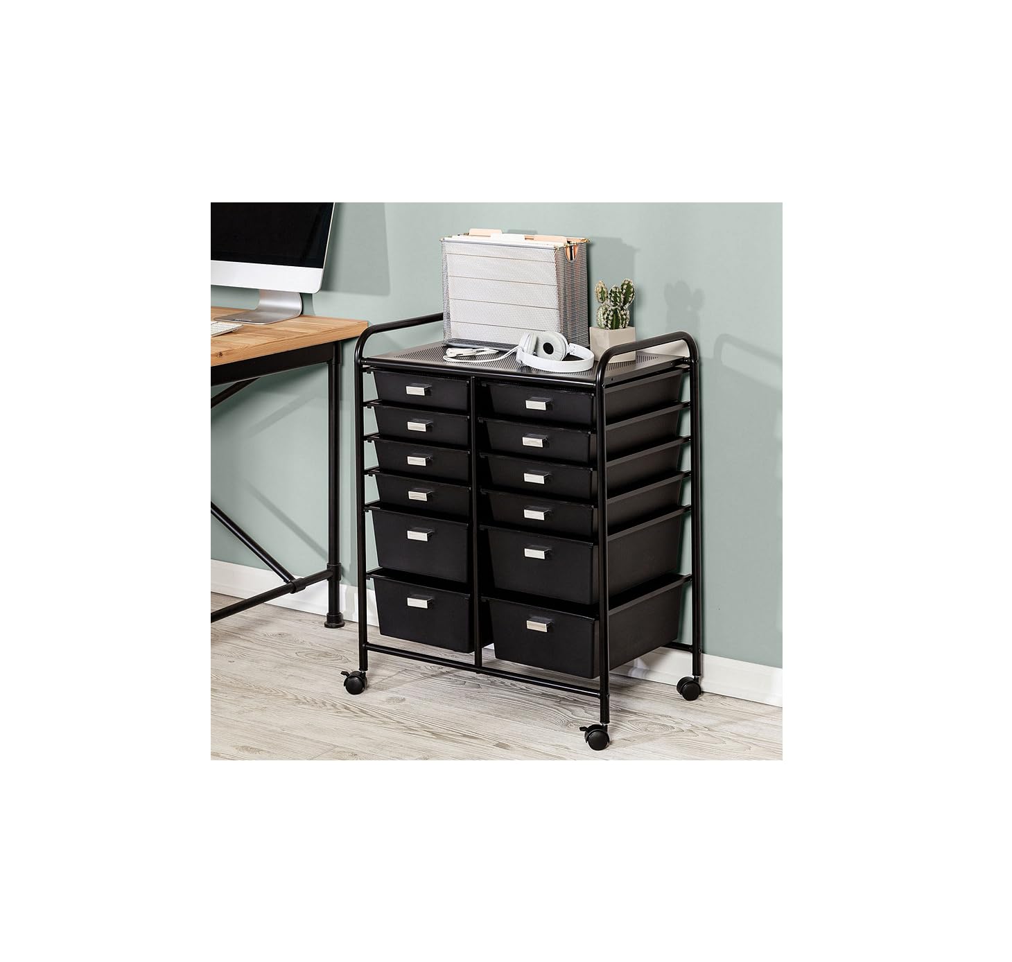 Metal Rolling Storage Cart with 12 Drawers - Black, Metal Rolling Storage Cart with 12 Plastic Drawers, Dimensions: 25.25 x 15.25 x 31.75, made of Metal MATERIAL.