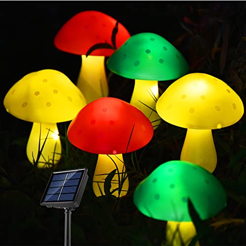 BeHiller Mushroom Solar Garden Lights Outdoor Stake Decor,1 Set of 6 Cute Mushroom Kid Gifts Family Camping Decorations,Multi-Color Lighting Solar Pathway Lights for Easter,Halloween,Courtyard Decor