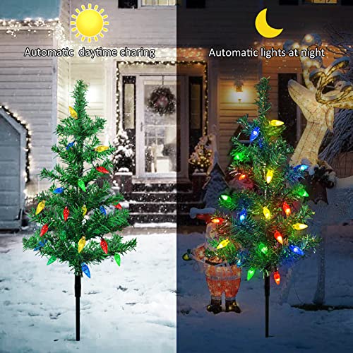 Windpnn Upgraded 4-Pack Solar Christmas Garden Stake Lights, Decorative Xmas Tree Solar Christmas Yard Stake Outdoor Waterproof Christmas Pathway Lights for Christmas Decoration Garden Patio Yard