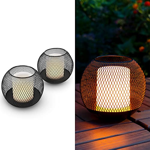 Navaris Outdoor Solar Candles (Set of 2) - LED Candle Lights with Holders - Lantern Lighting with Black Metal Mesh Holder - for Table, Patio, Garden