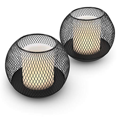 Navaris Outdoor Solar Candles (Set of 2) - LED Candle Lights with Holders - Lantern Lighting with Black Metal Mesh Holder - for Table, Patio, Garden