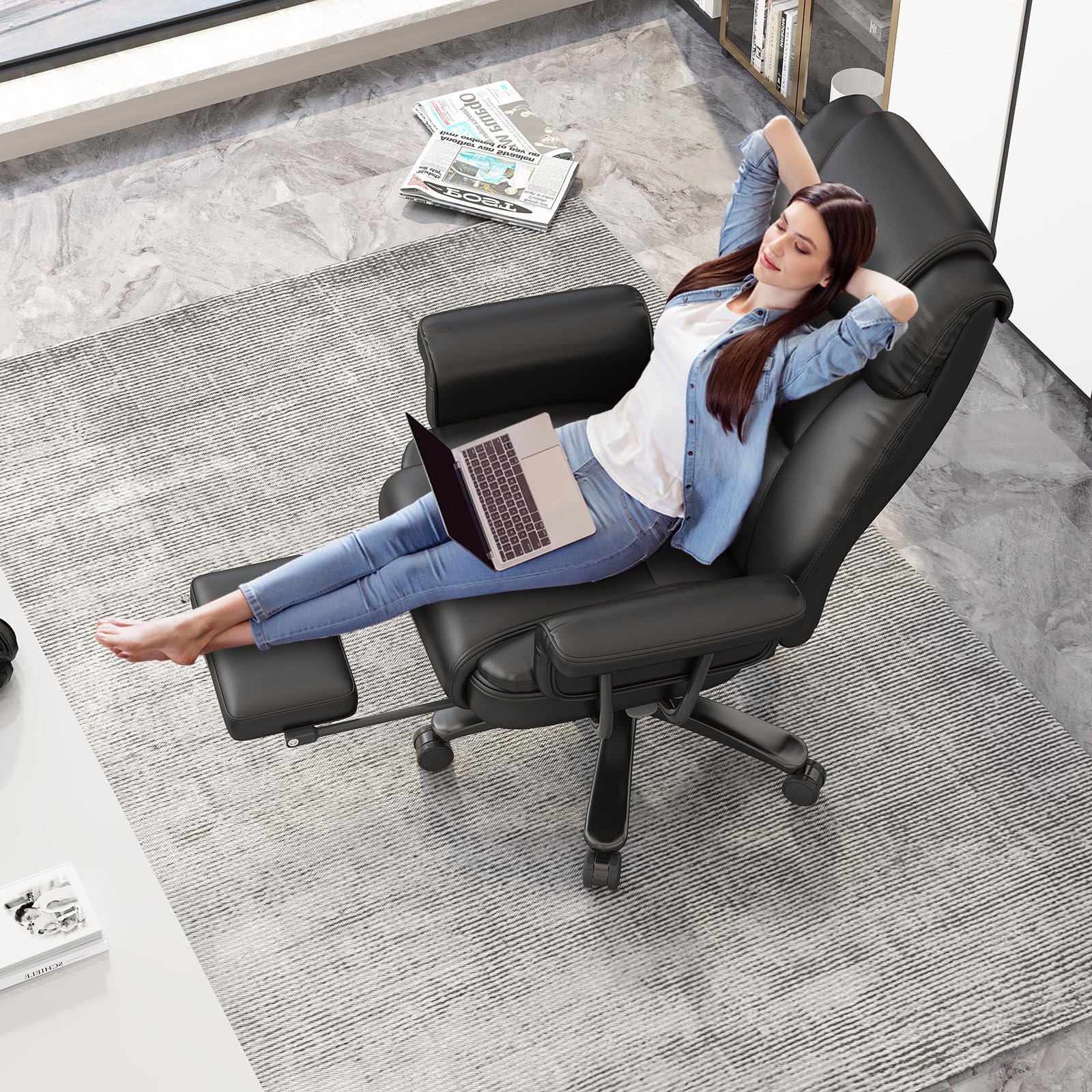 GYI Big and Tall Office Chair 400LBS, 160° High Back Reclining Office Desk Chair with Wide Seat, Arms, Footrest, Black