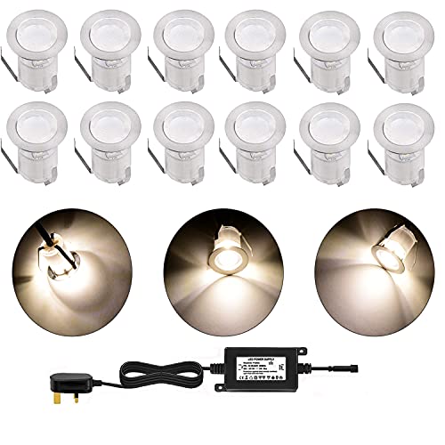 CISLAN LED Deck Stair Lights, 12 Pack Φ1.18in Warm White Stainless Steel and PC Stair Light Low Voltage 12V IP67 Waterproof Outdoor Landscape Lighting for Outside Garden Step Yard Lawn
