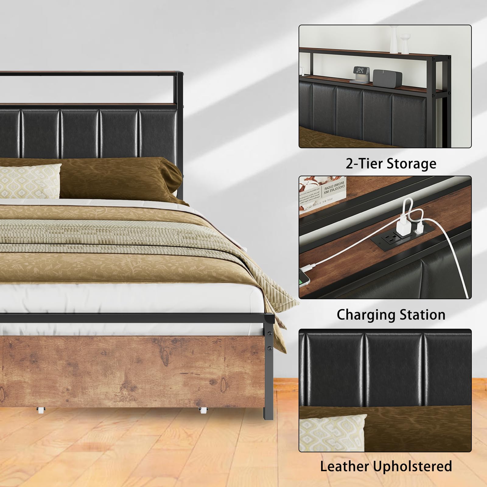 amerlife LED Bed Frame with Drawers, Queen Platform Bed Frame with 2-Tier Storage & Leather Upholstered & Charging Station Headboard, No Box Spring Needed, Easy Assembly, Noise Free, Rustic Brown