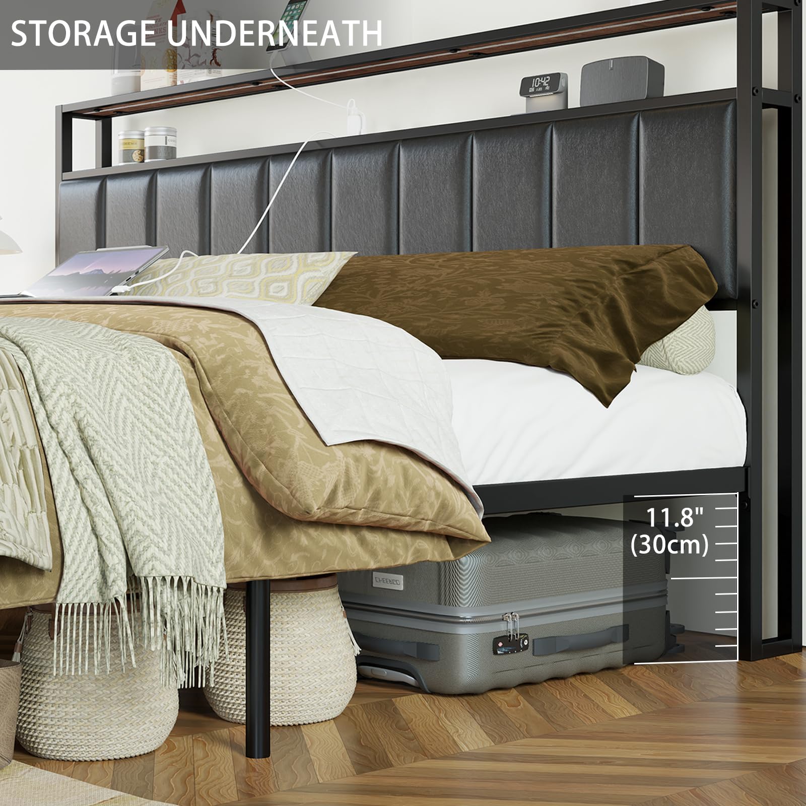 amerlife LED Bed Frame with Drawers, Queen Platform Bed Frame with 2-Tier Storage & Leather Upholstered & Charging Station Headboard, No Box Spring Needed, Easy Assembly, Noise Free, Rustic Brown