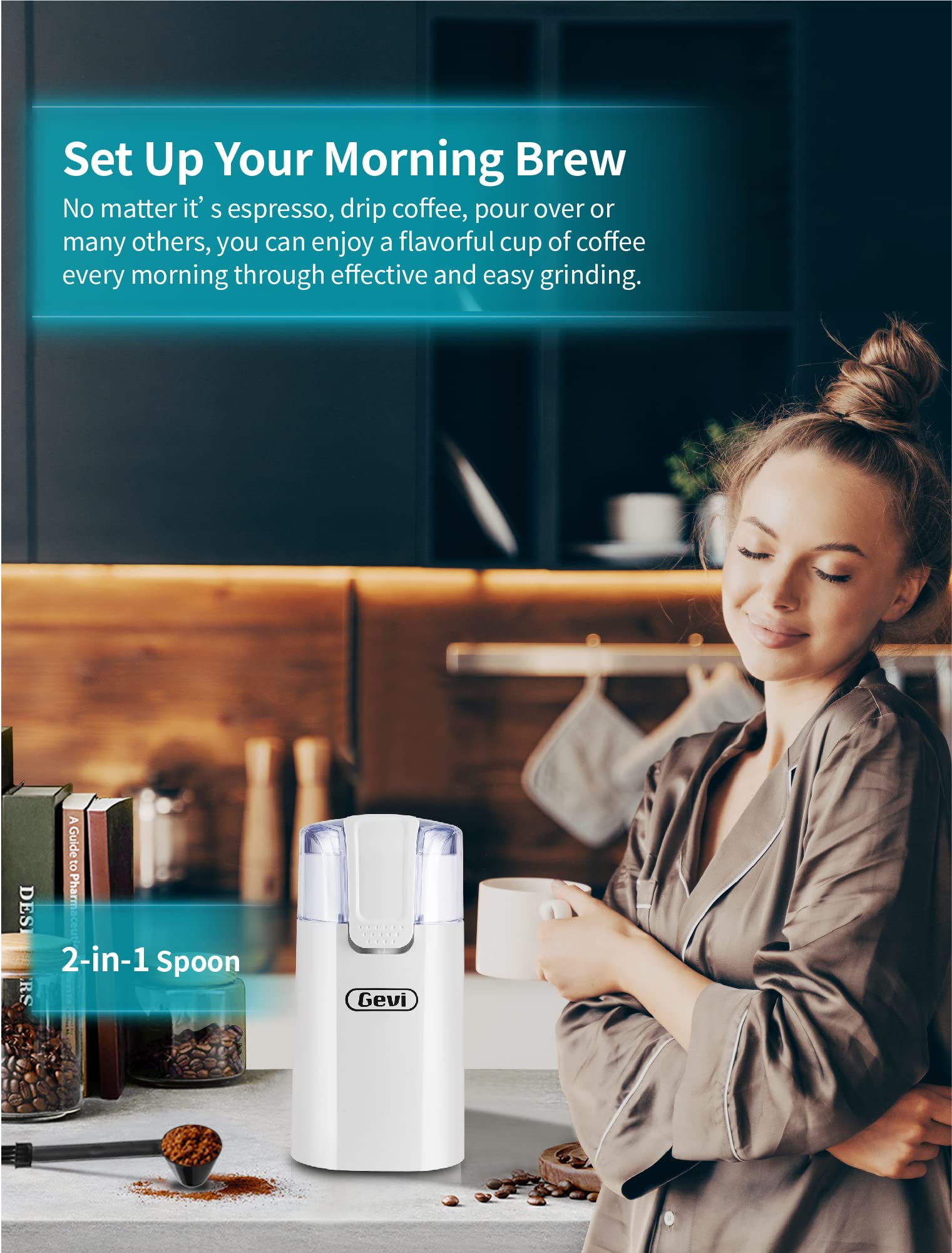 Gevi One-Touch Button Electric Coffee Grinder Coffee Bean Grinder for Coffee Espresso Latte Mochas, Noiseless Operation Coffee Serving Sets