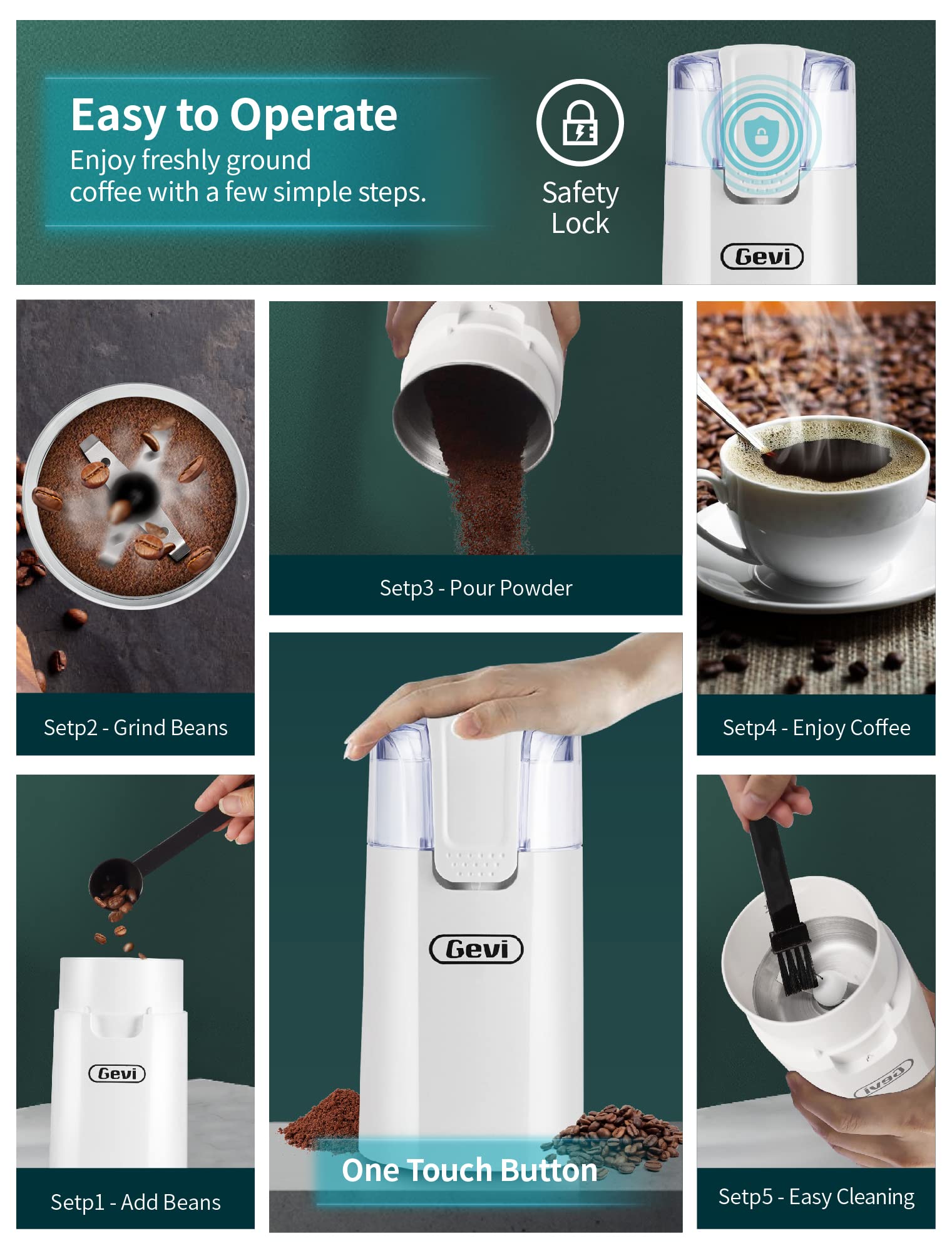 Gevi One-Touch Button Electric Coffee Grinder Coffee Bean Grinder for Coffee Espresso Latte Mochas, Noiseless Operation Coffee Serving Sets