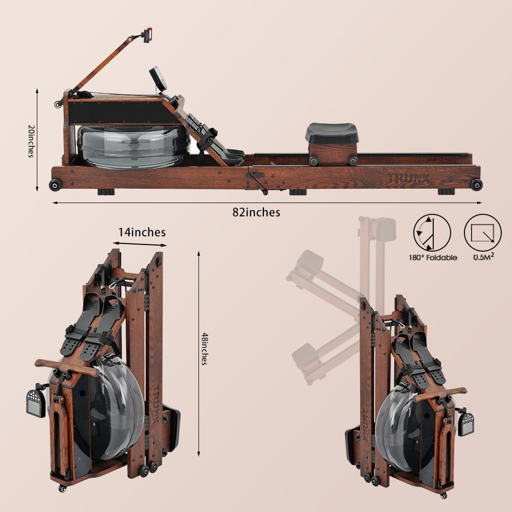 TRUNK Foldable Water Rowing Machine for Home Gym Fitness, Classic Solid Wood Rower Machine with Bluetooth Monitor Whole Body Exercise Cardio Training (Included a Phone Holder)