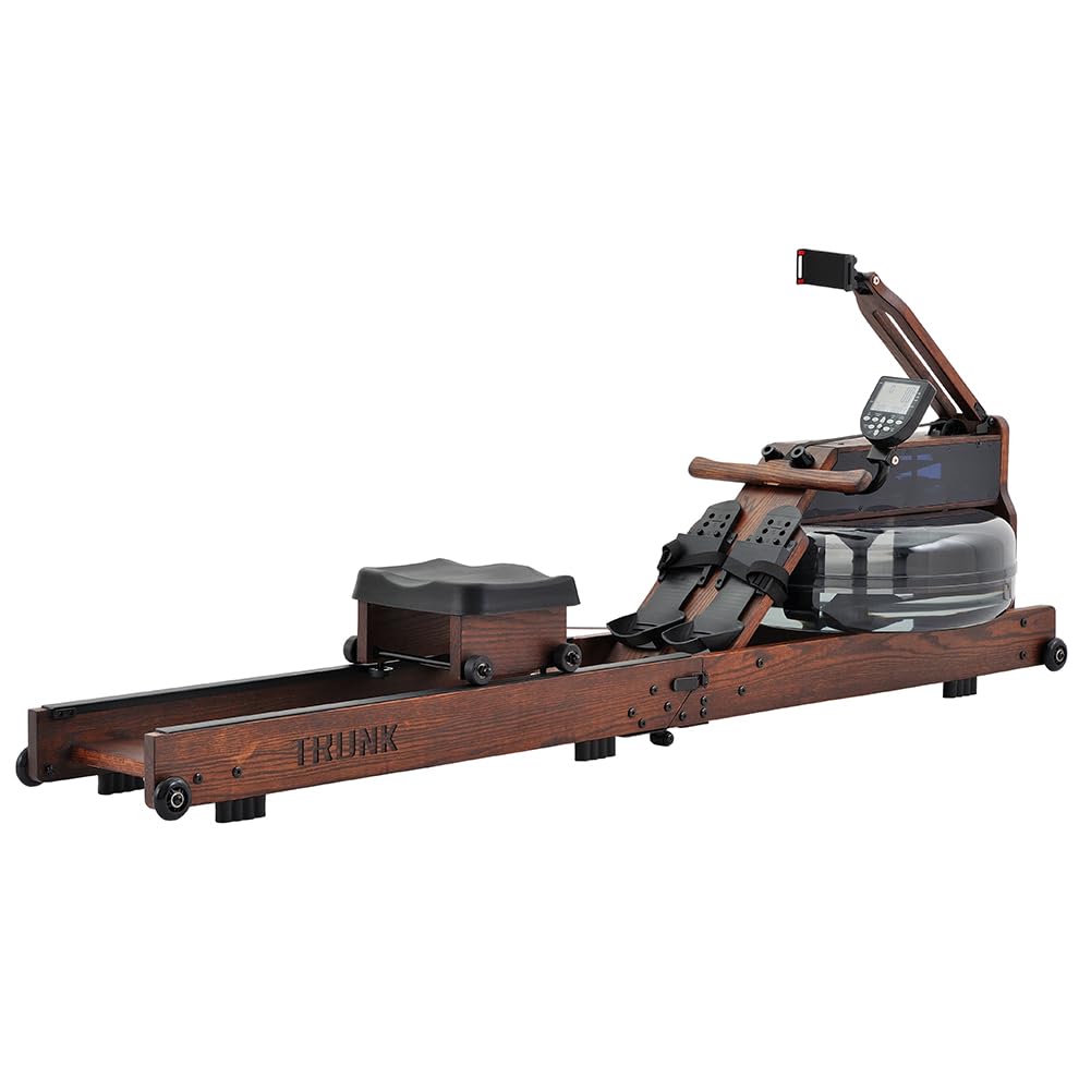 TRUNK Foldable Water Rowing Machine for Home Gym Fitness, Classic Solid Wood Rower Machine with Bluetooth Monitor Whole Body Exercise Cardio Training (Included a Phone Holder)