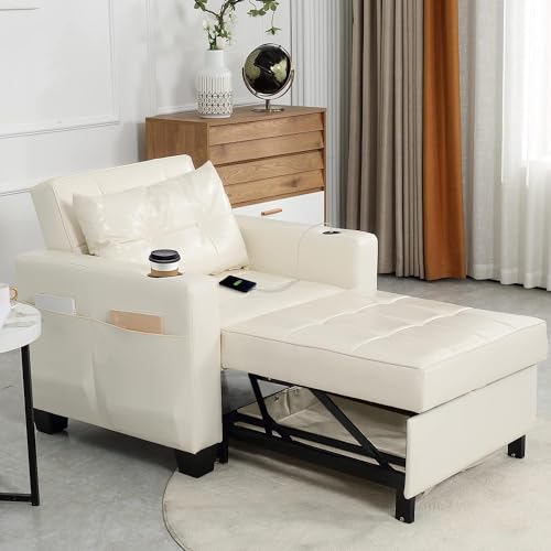 DURASPACE 39 inch Futon Chair Bed Convertible Chair 3-in-1 Pull Out Sleeper Reading Chair Beds with USB, Armchair Sleeper Bed for Living Room, Dorm, Small Space (Off White Faux Leather)