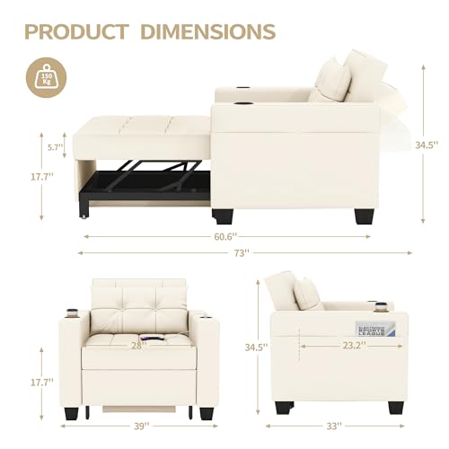 DURASPACE 39 inch Futon Chair Bed Convertible Chair 3-in-1 Pull Out Sleeper Reading Chair Beds with USB, Armchair Sleeper Bed for Living Room, Dorm, Small Space (Off White Faux Leather)