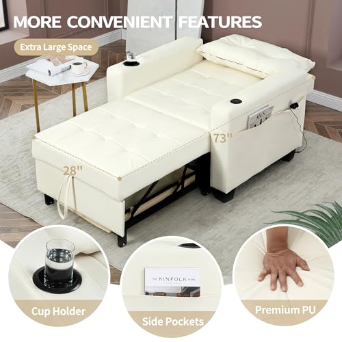DURASPACE 39 inch Futon Chair Bed Convertible Chair 3-in-1 Pull Out Sleeper Reading Chair Beds with USB, Armchair Sleeper Bed for Living Room, Dorm, Small Space (Off White Faux Leather)