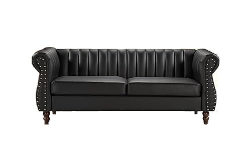 Container Furniture Direct Chesterfield-Inspired 77" Faux Leather Sofa with Elegant Design, Gourd Legs, and Sustainable Pleather Upholstery, 3 Seater Couch for Living Rooms and Offices, Black
