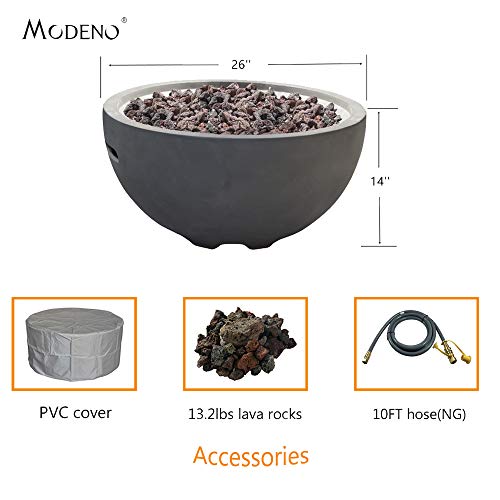 MODENO Outdoor Fire Pit Natural Gas Garden Fire Bowl, 40,000 BTU CSA Certified Firepit,Auto-Ignition System, Lava Rock&PVC Cover Included (26 x 26 x 14'', Grey)