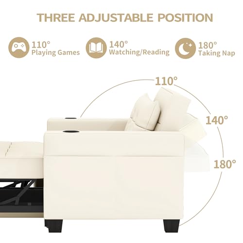 DURASPACE 39 inch Futon Chair Bed Convertible Chair 3-in-1 Pull Out Sleeper Reading Chair Beds with USB, Armchair Sleeper Bed for Living Room, Dorm, Small Space (Off White Faux Leather)