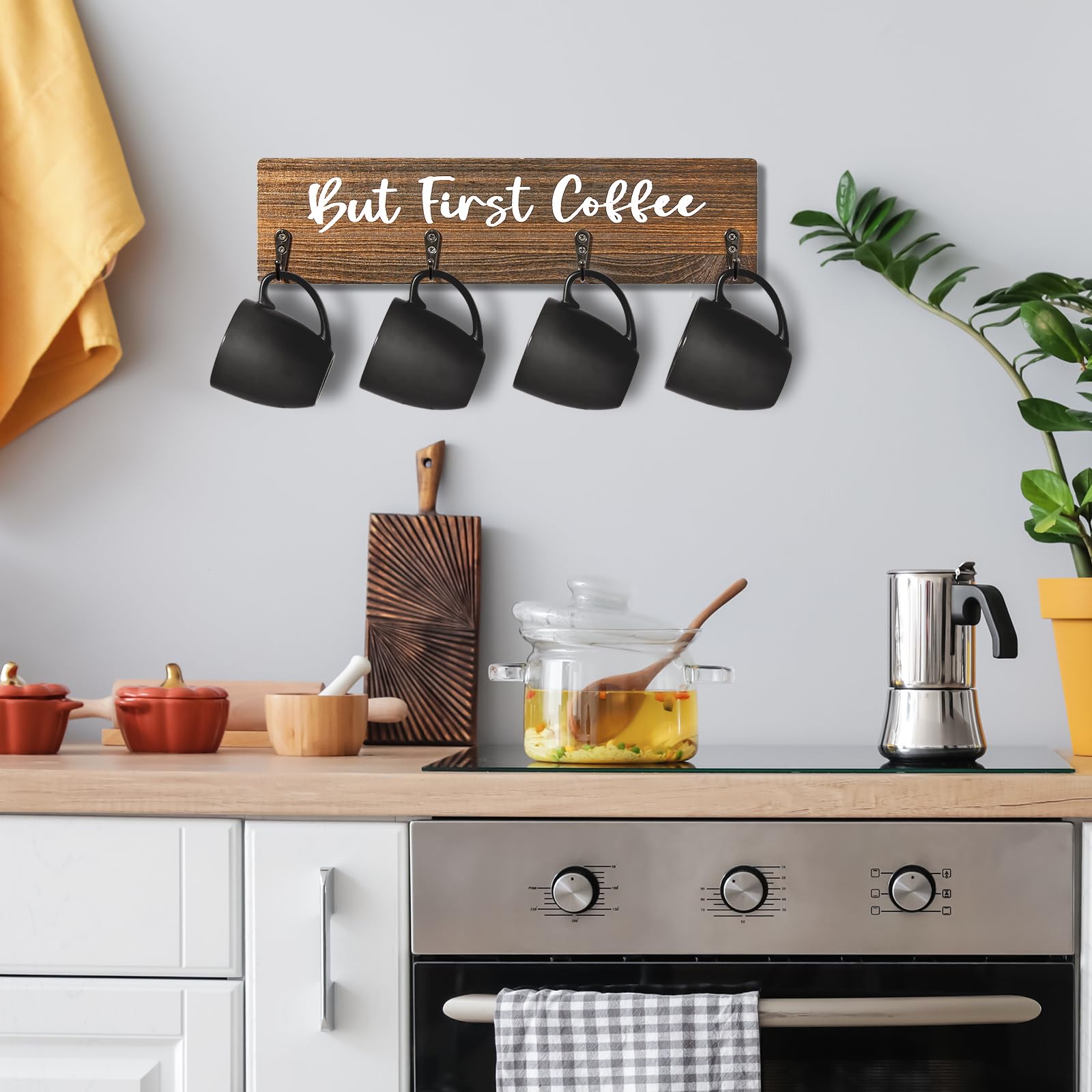 Bivvclaz Coffee Mug Holder Wall Mount, Acacia Wood Coffee Cup Holder, But First Coffee Rustic Wood Wall Sign, Mug Hanger Organizer Shelf Rack, Farmhouse Kitchen Decor and Coffee Bar Accessories