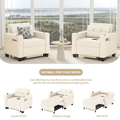 DURASPACE 39 inch Futon Chair Bed Convertible Chair 3-in-1 Pull Out Sleeper Reading Chair Beds with USB, Armchair Sleeper Bed for Living Room, Dorm, Small Space (Off White Faux Leather)