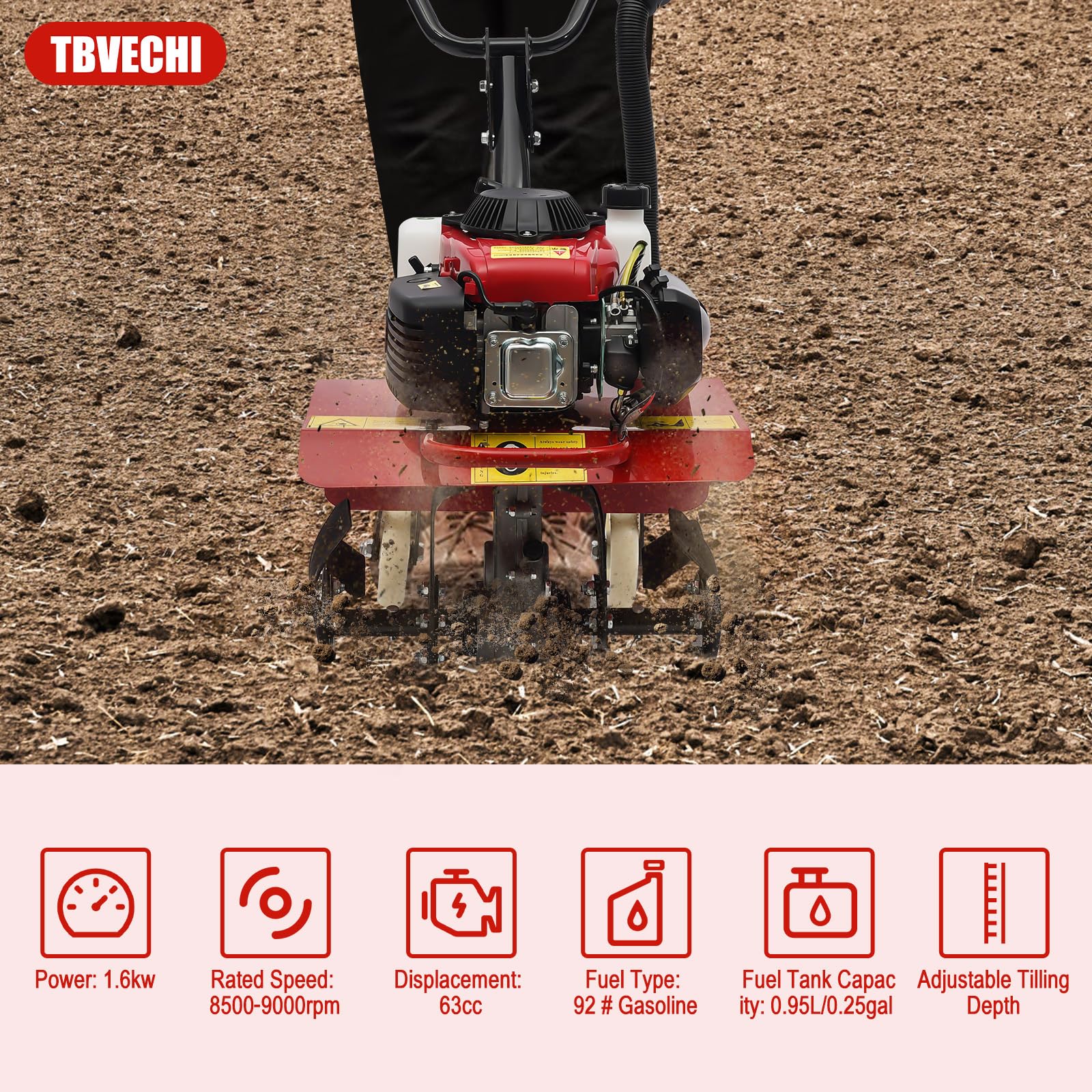 Garden Tiller/Cultivator 63CC 4-Stroke Gas Powered Hand Rotary Front Tine Tiller Rototiller Garden Tool Cordless, Gear Drive Transmission, Adjustable Tilling Depth