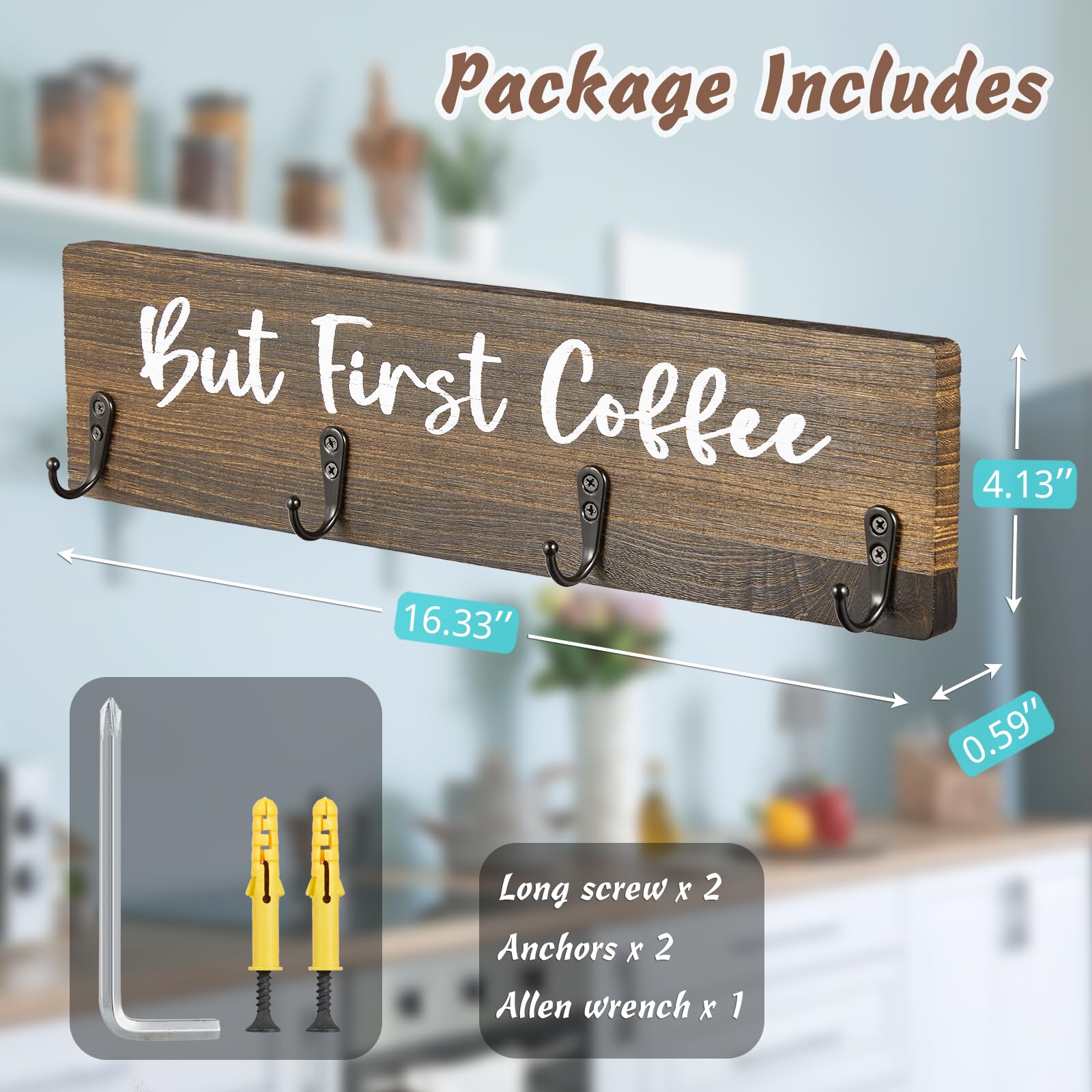 Bivvclaz Coffee Mug Holder Wall Mount, Acacia Wood Coffee Cup Holder, But First Coffee Rustic Wood Wall Sign, Mug Hanger Organizer Shelf Rack, Farmhouse Kitchen Decor and Coffee Bar Accessories
