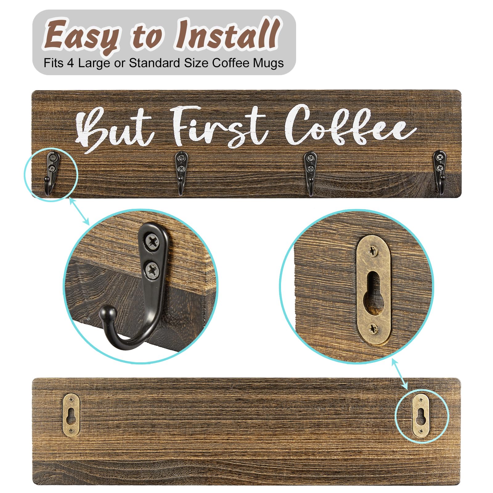 Bivvclaz Coffee Mug Holder Wall Mount, Acacia Wood Coffee Cup Holder, But First Coffee Rustic Wood Wall Sign, Mug Hanger Organizer Shelf Rack, Farmhouse Kitchen Decor and Coffee Bar Accessories