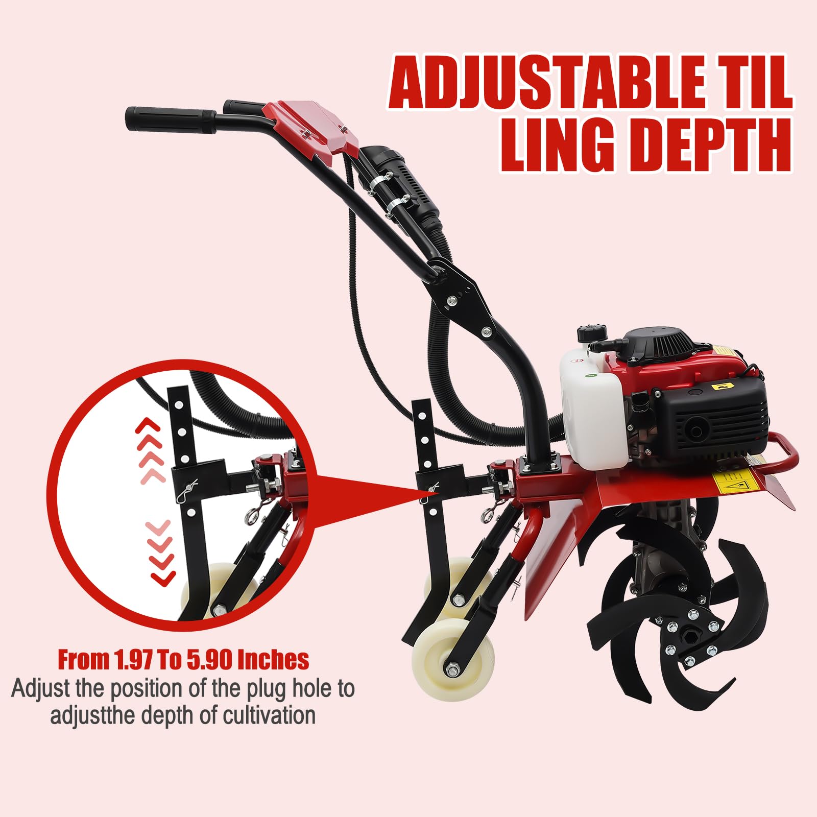 Garden Tiller/Cultivator 63CC 4-Stroke Gas Powered Hand Rotary Front Tine Tiller Rototiller Garden Tool Cordless, Gear Drive Transmission, Adjustable Tilling Depth