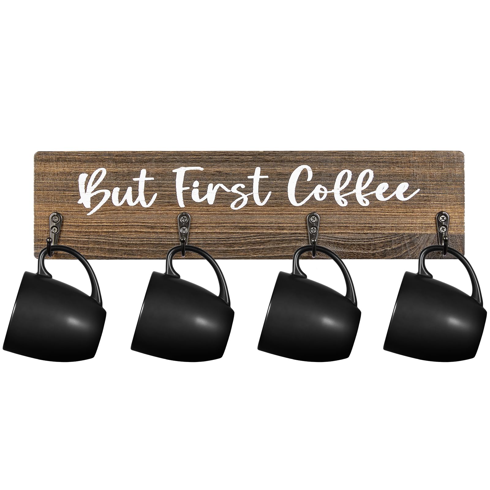 Bivvclaz Coffee Mug Holder Wall Mount, Acacia Wood Coffee Cup Holder, But First Coffee Rustic Wood Wall Sign, Mug Hanger Organizer Shelf Rack, Farmhouse Kitchen Decor and Coffee Bar Accessories