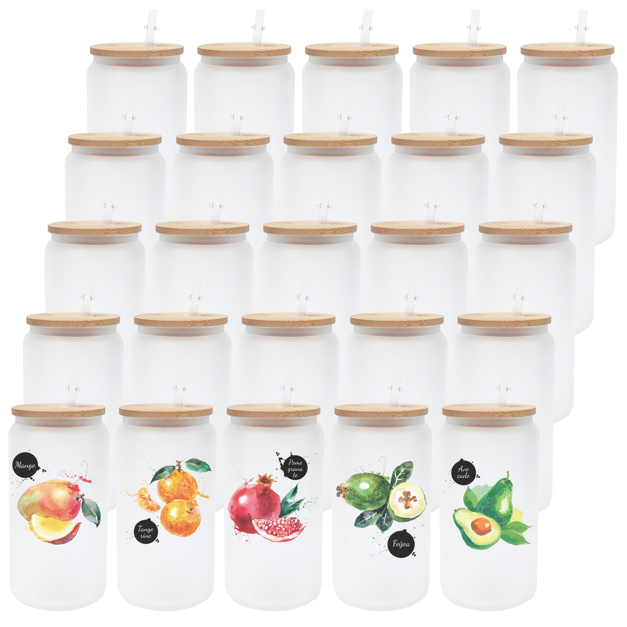 VEVELU 25 Pack Frosted Glass Cups with Lids and Straws 16oz Frosted Sublimation Glass Cups Can Blanks Tumbler Glass Sublimation Cups with Bamboo Lid Beer Can Glass Iced Coffee Cups Drinking Juice Jars