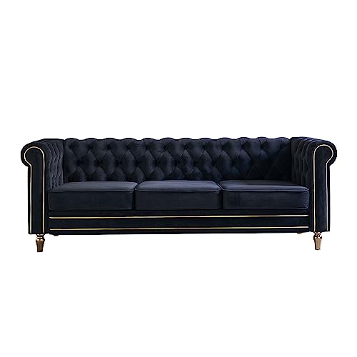 Goohome 84.65" Chesterfield Sofa, 3-Seater Velvet Deep Button Tufted Sofá Upholstered Love Seat Couches with Rolled Arm, Gold Strip Trim, for Bedroom Office Apartment Living Room Furniture, C-Black