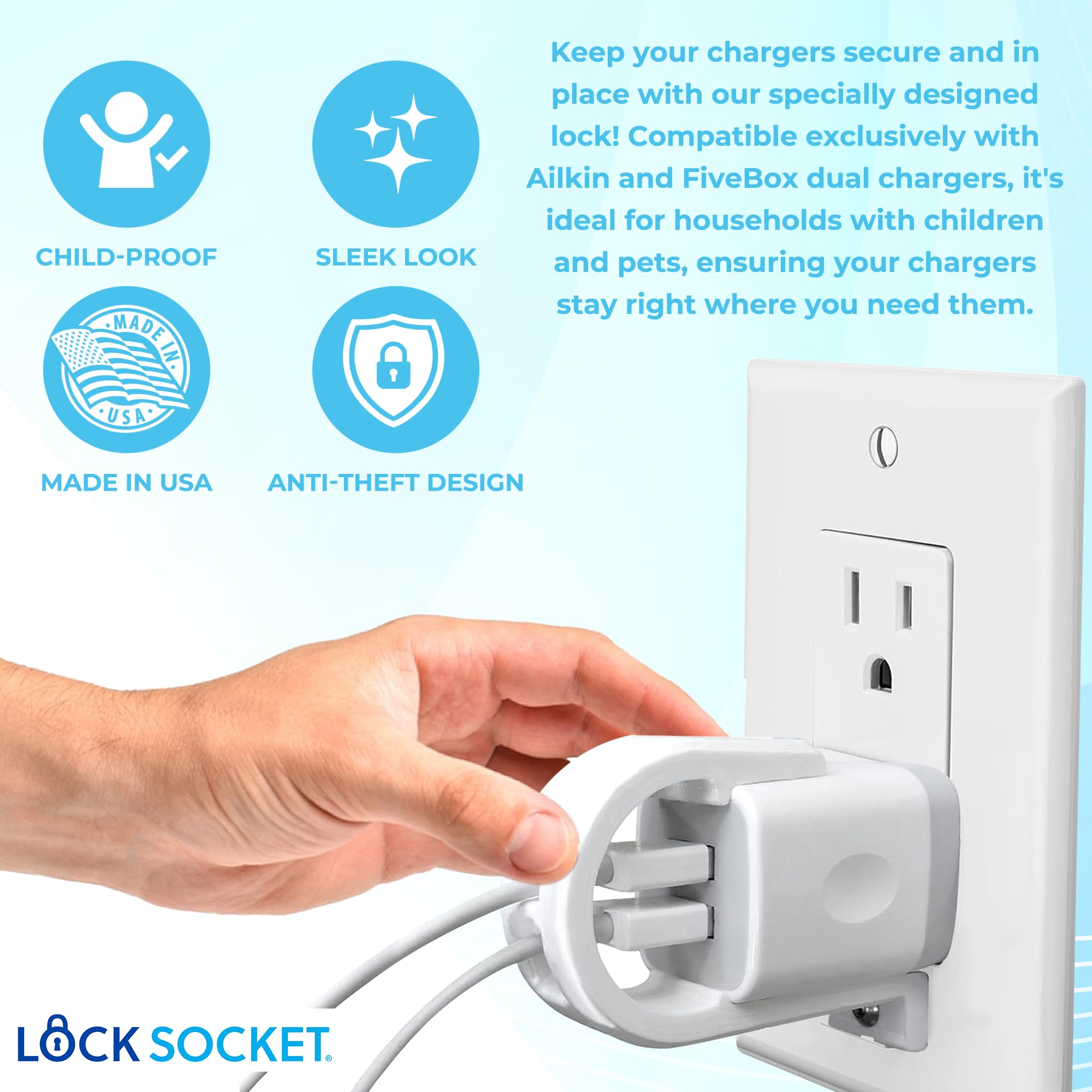 Lock Socket Charger Lock for Ailkin Dual Chargers Anti-Theft & Tug-Proof Charger Lock System A Safety Device to Prevent Unplugging Simplest Way to Lock Your Charger to Wall Plate via Security Screw