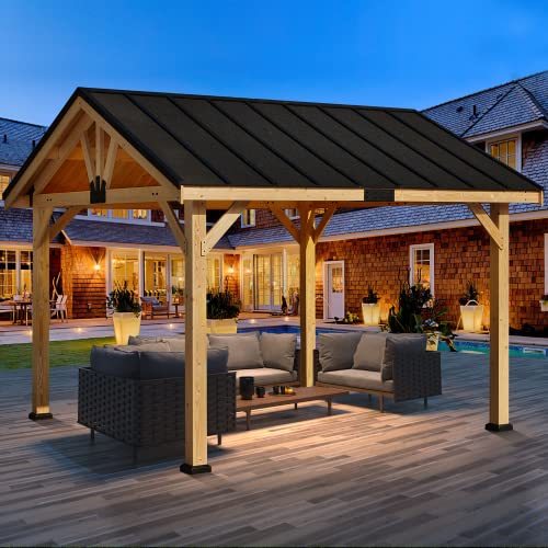 Small Wood pergola,11x12 FT Solid Wood Gazebo with Waterproof Asphalt Roof, Outdoor Permanent Hardtop Gazebo Canopy for Patio, Garden, Backyard