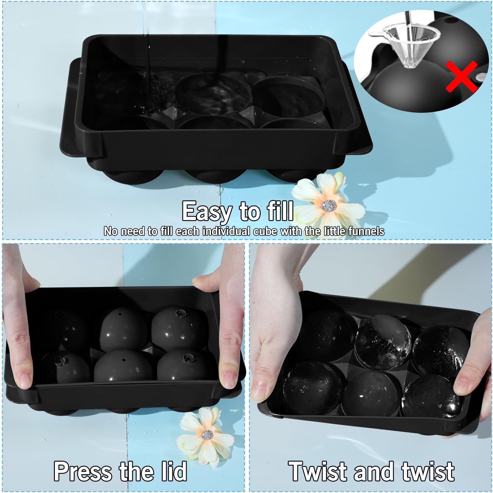WIBIMEN Large Ice Cube Molds, Big Round Whiskey Ice Cube Trays for Freezer, Easy to Fill & Release, Whiskey Bourbon Cocktail(1.9In*6 Balls- Black/2 Pack)