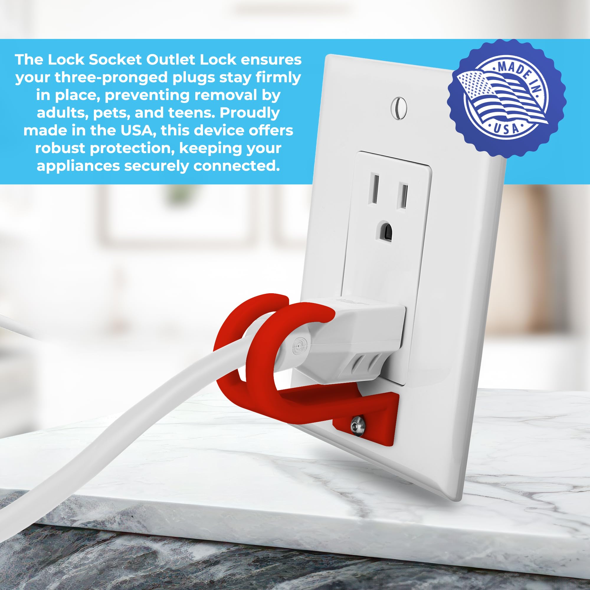 Lock Socket Outlet Lock - Anti Theft Outlet Lock to Secure Three Pronged Plugs, Innovative Way to Prevent Unplugging, Secure Locks for Cords, Includes Security Screw & Allen Wrench - Red