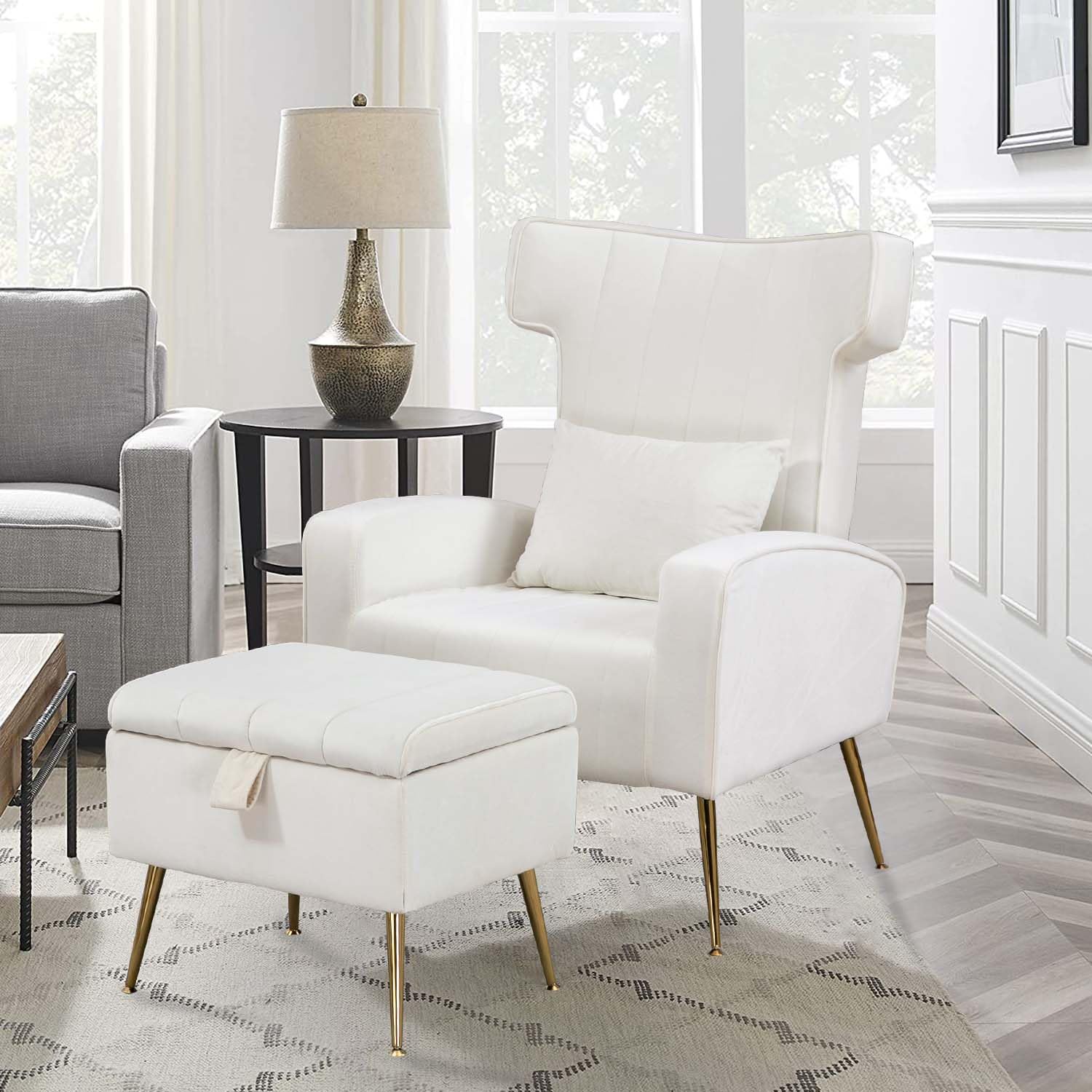 X-VOLSPORT Wingback Accent Chair and Storage Ottoman Set for Living Room Bedroom, Modern Upholstered Velvet Armchair with Footrest & Gold Metal Legs, White, Pillow Included