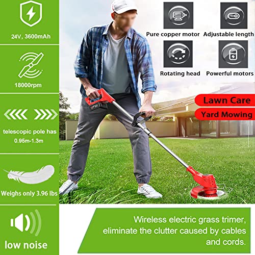 Cordless String Trimmer Electric Weed Eater Battery Powered 24v Weed Wacker 3-in-1 Cutting Tool 17 Blades Lawn Trimmer Edger Height Adjustable Low Noise Brush Cutter for Lawn, Yard, Garden, Bush